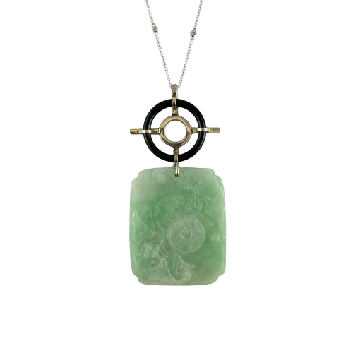 18ct White Gold Diamond Onyx and Natural Jade Pendant – Gray Reid Gallery